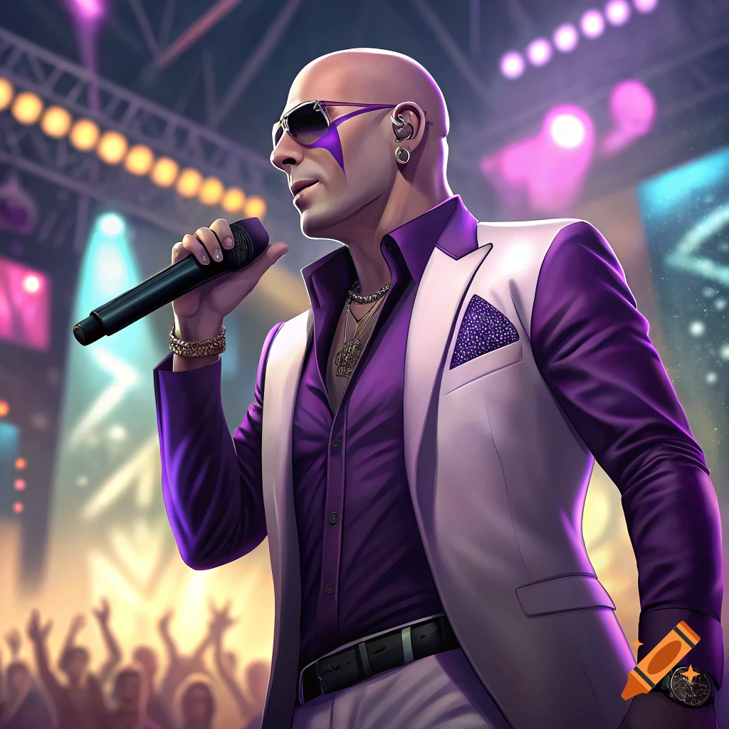 Bald singer with sunglasses and purple face marking performs on a stage ...