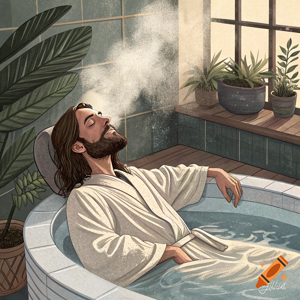 Illustration of Jesus relaxing in a bathtub wearing a bathrobe. on Craiyon