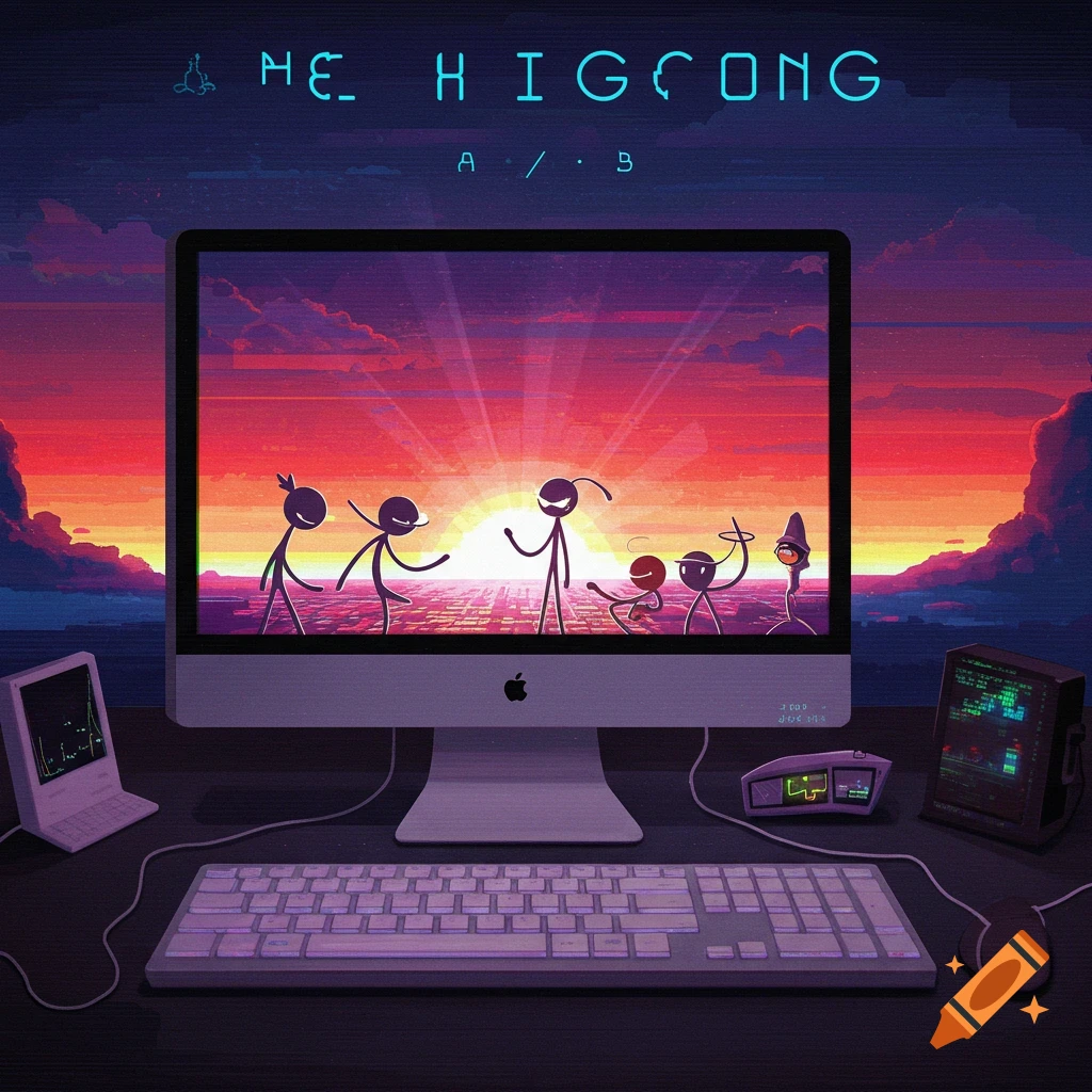 Digital art of a computer desk with a monitor displaying stick figures ...