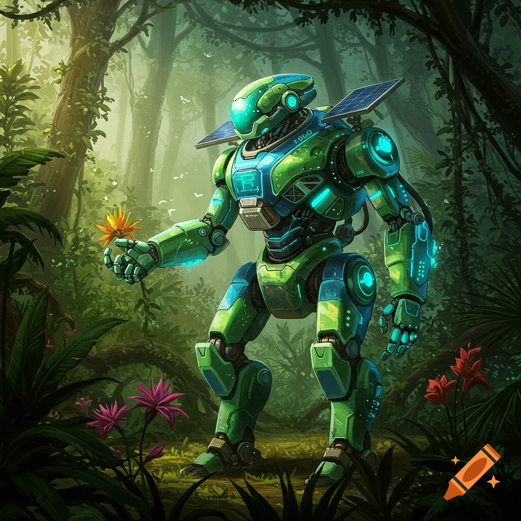 A green and blue robot with solar panels stands in a lush jungle ...