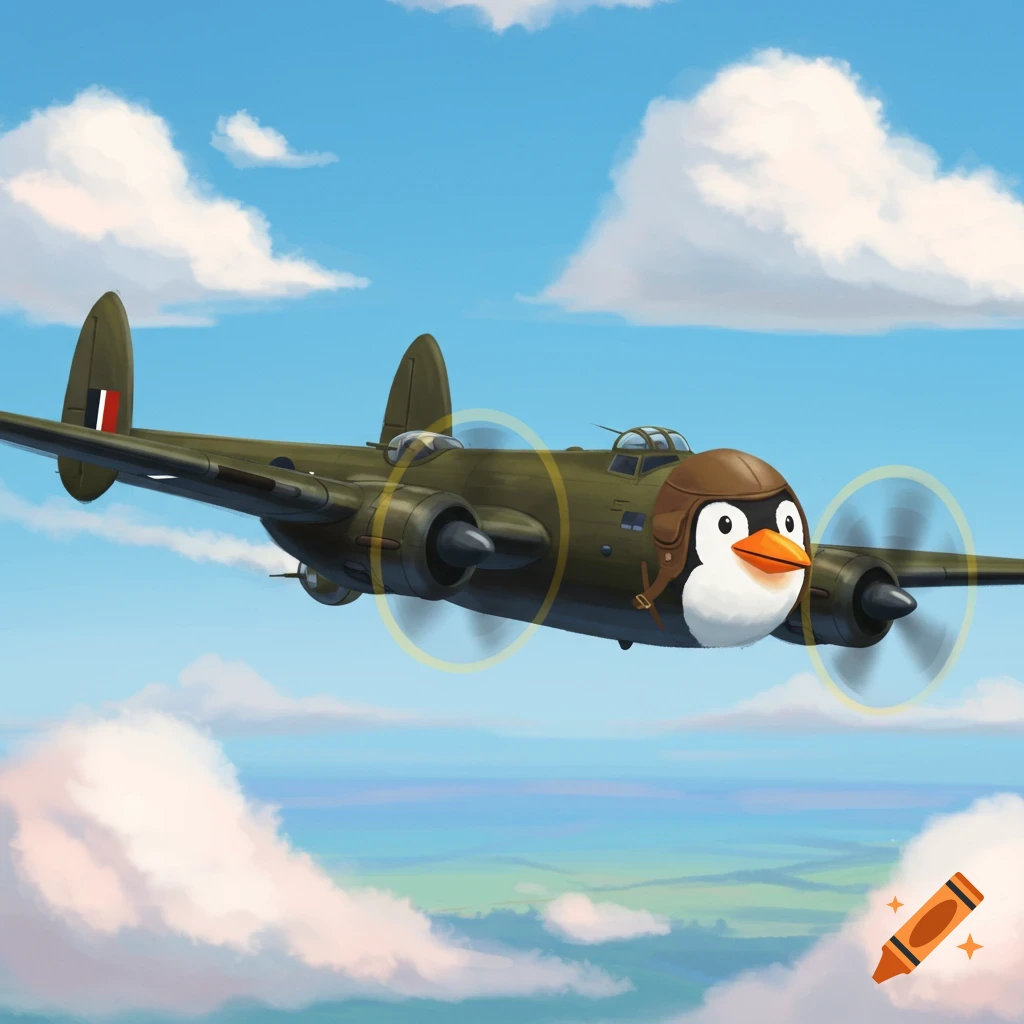 A Minecraft character's head is shown on a bomber plane flying through ...