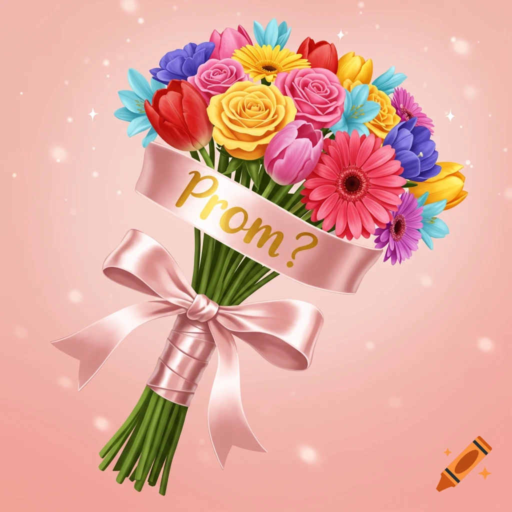 Bouquet of flowers with a ribbon saying 'prom?' on Craiyon