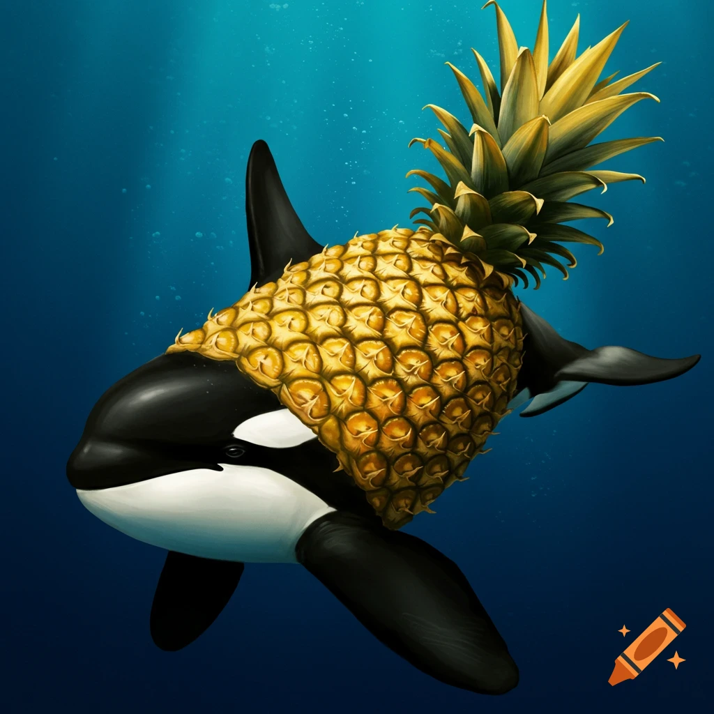 An orca with a pineapple body swims underwater. on Craiyon