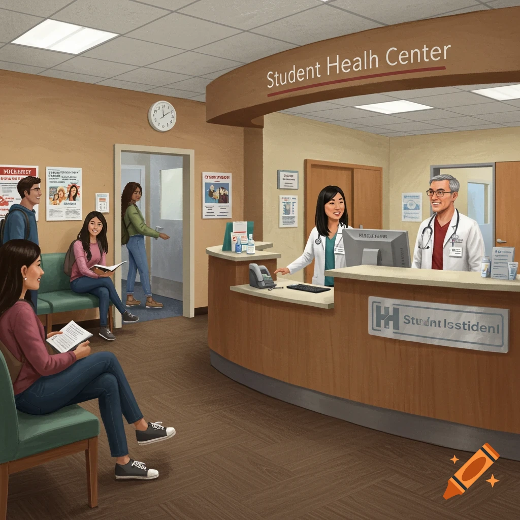 A student health center waiting room with students sitting and staff ...