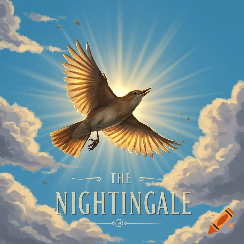 Nightingale flying under the sun with title text on Craiyon