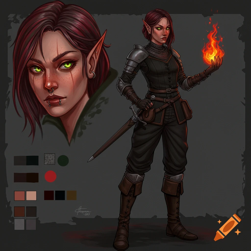 Elf woman fire sorcerer with red hair in leather armor art on Craiyon