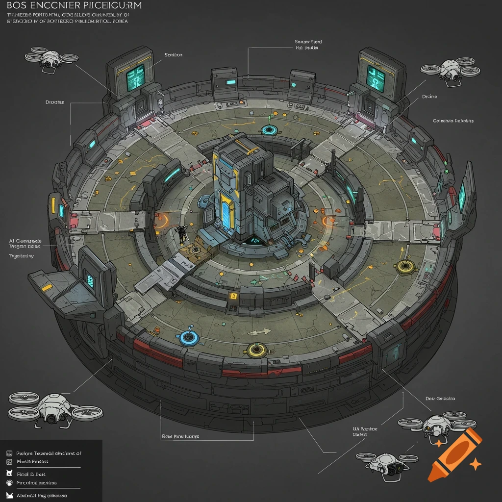 Diagram of a boss encounter puzzle with AI elements on Craiyon