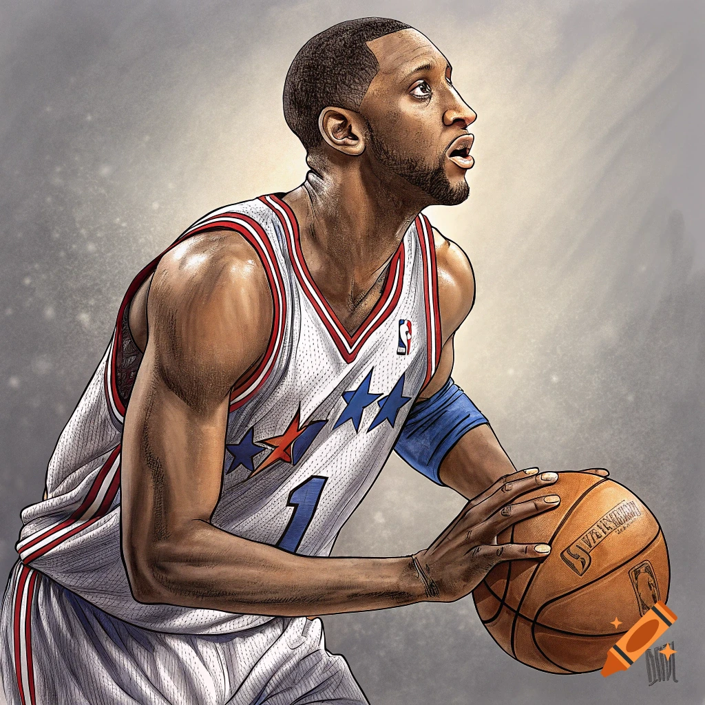 Painted style illustration of a basketball player in a white jersey ...
