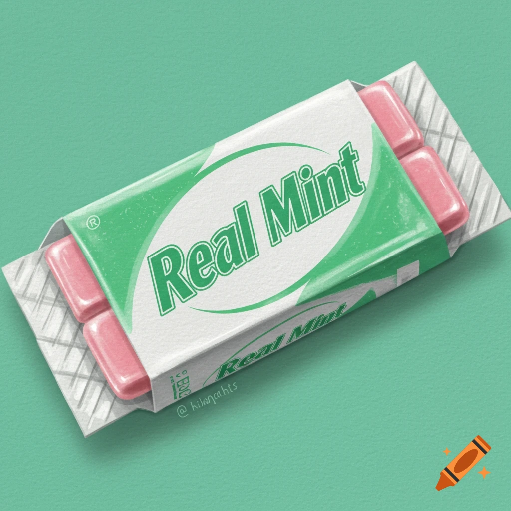 Pack of gum with "Real Mint" wrapper on Craiyon