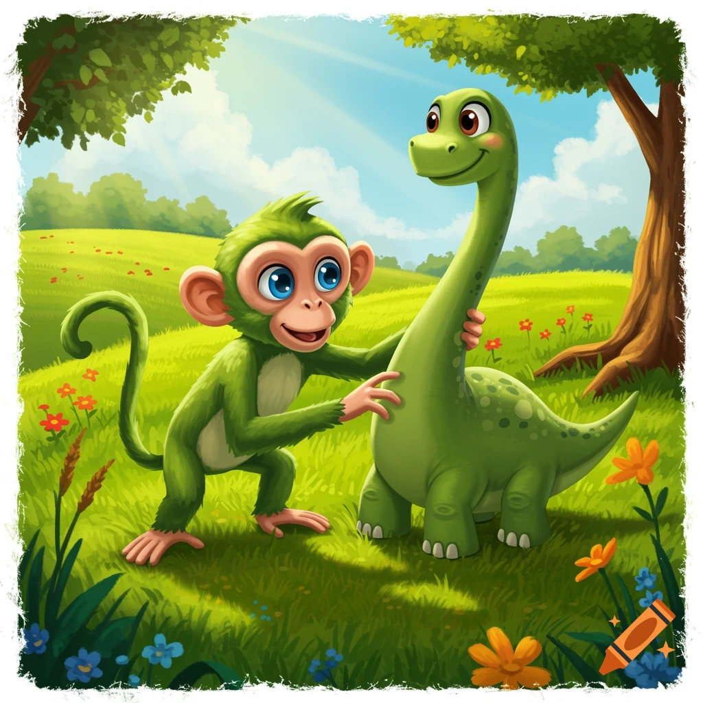 Green monkey and green dinosaur on a farm on Craiyon