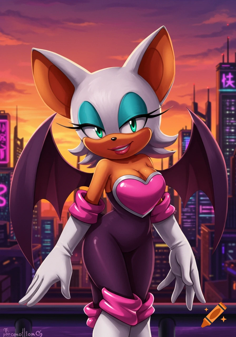 Image of Rouge the Bat from Sonic the Hedgehog series standing in a city at night. on Craiyon