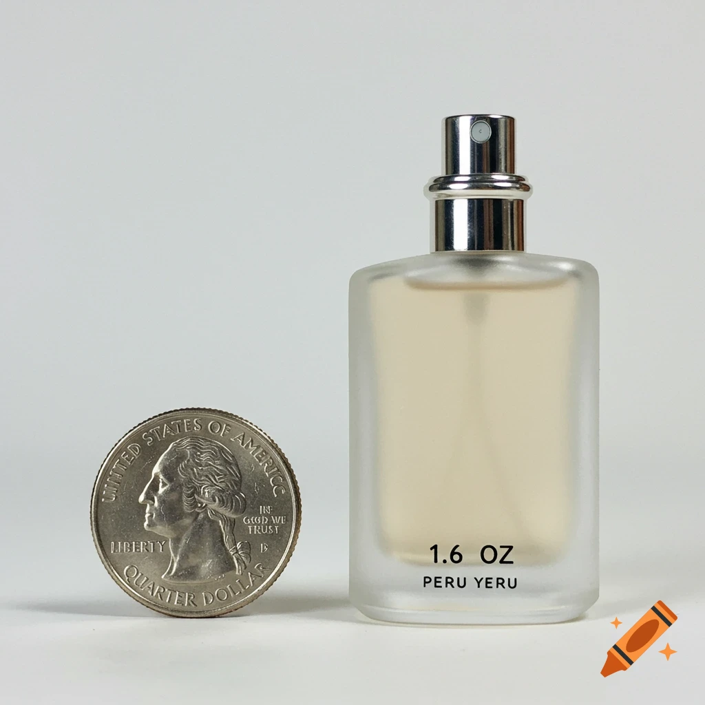 1.6 ounce perfume bottle compared to a quarter on Craiyon