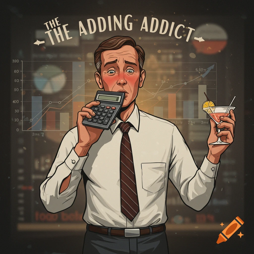 The Adding Addict logo featuring a man intoxicated by calculators on ...