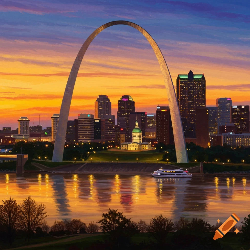 Office interior overlooking the St. Louis skyline and Gateway Arch at night. on Craiyon