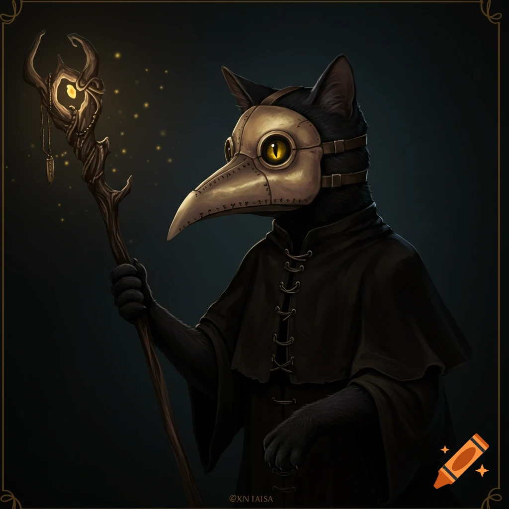 Black cat in a plague doctor mask with a magic staff on Craiyon