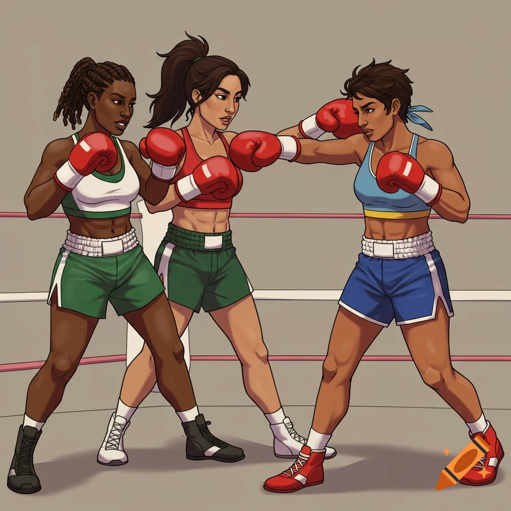 Anime female characters boxing and exchanging punches on Craiyon