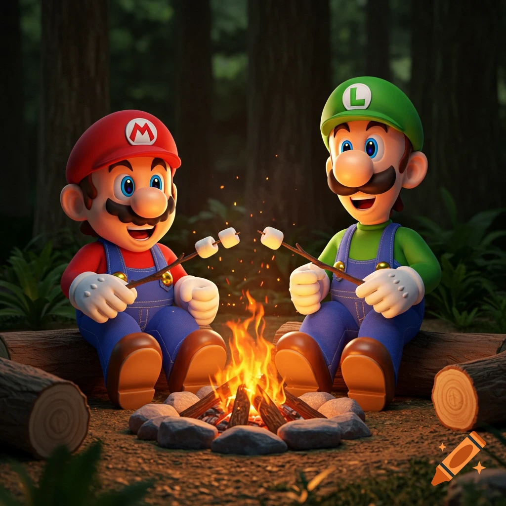 Mario and Luigi roasting marshmallows by a campfire on Craiyon