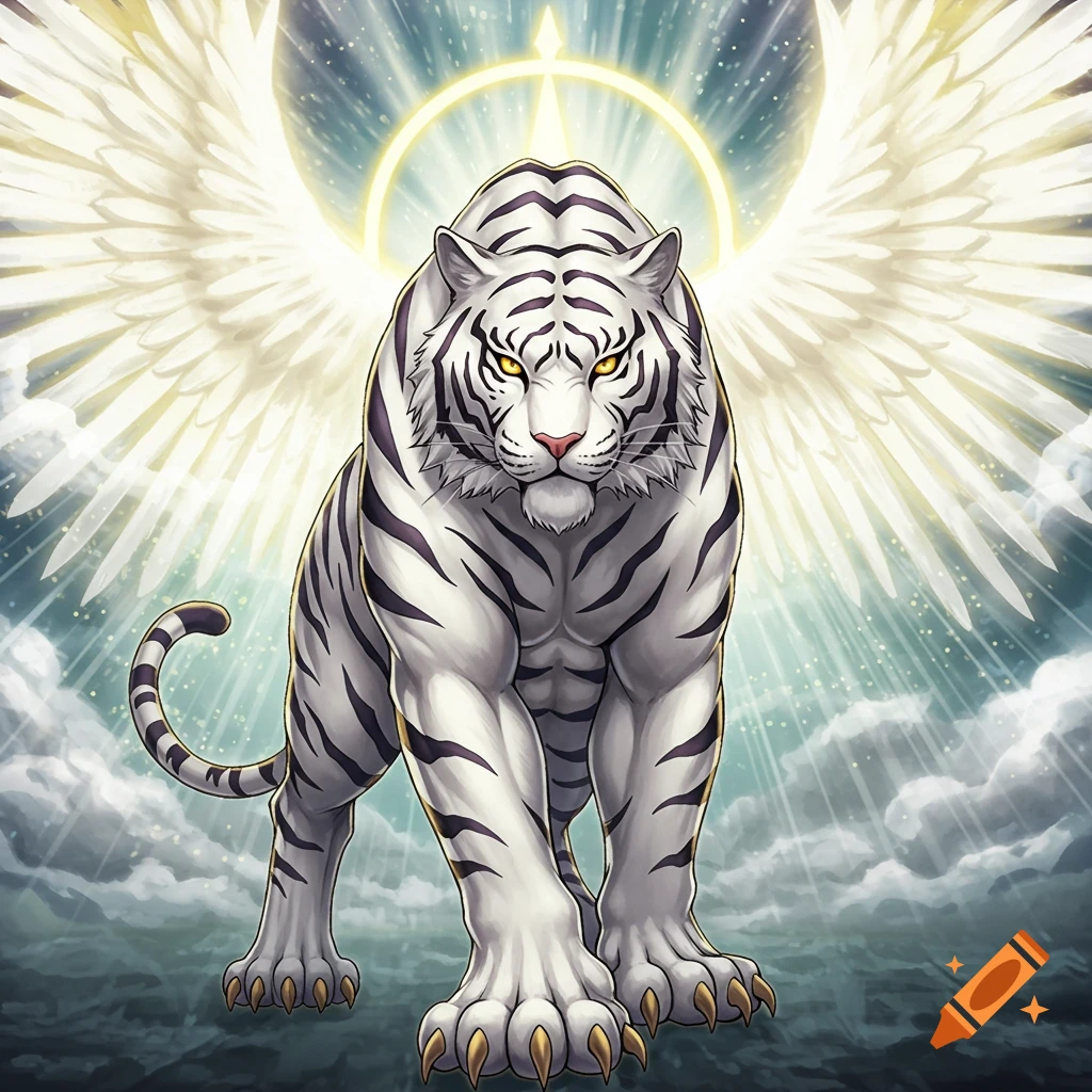 A white tiger with wings and a halo stands in clouds, illustration. on Craiyon