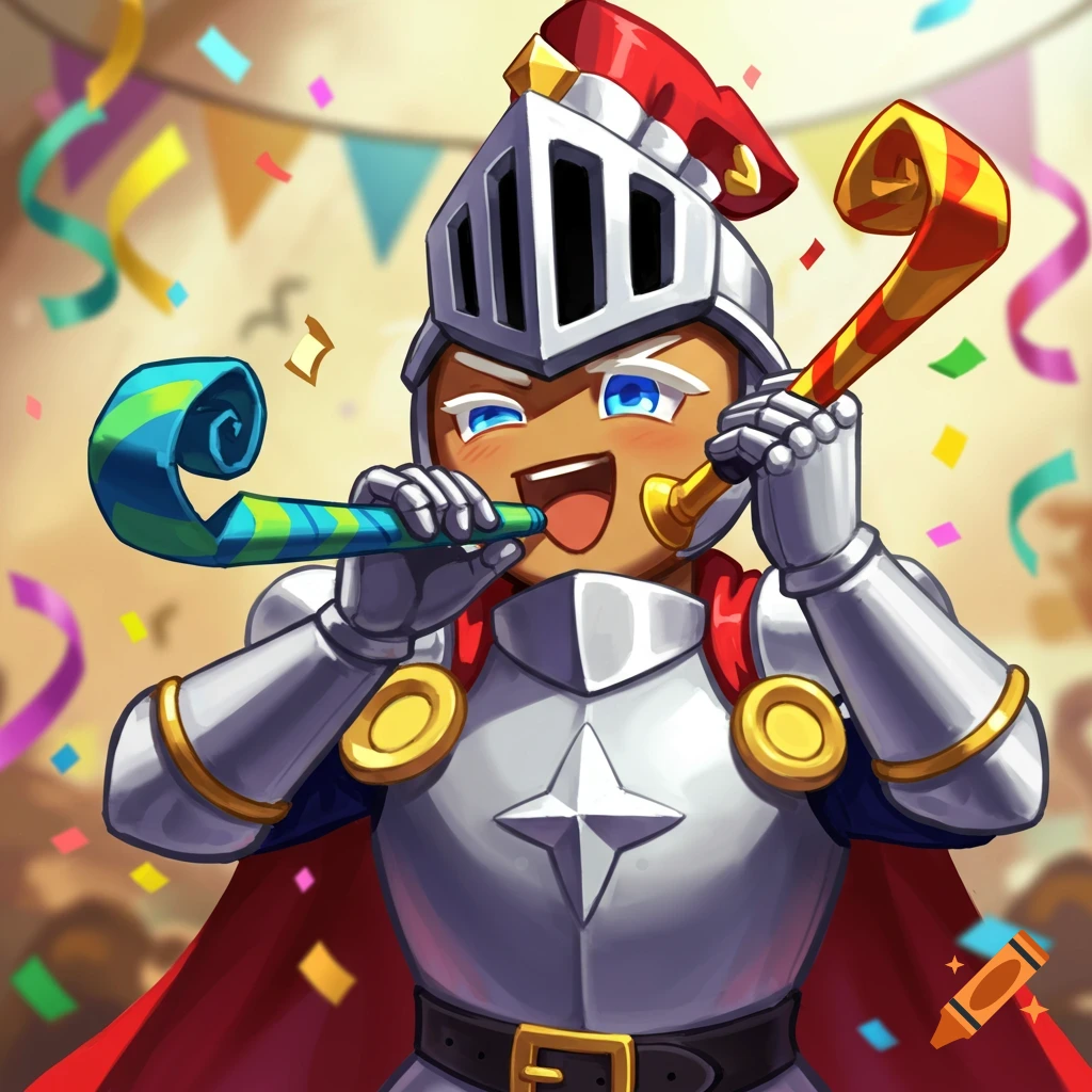 Cookie Run Knight Cookie blowing a party horn on Craiyon