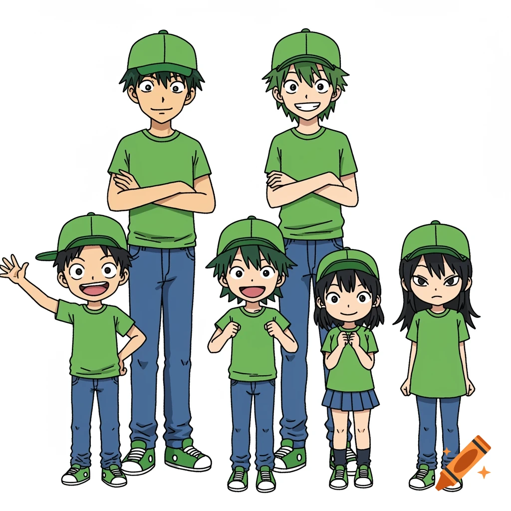 Anime of six smiling people in matching green outfits with baseball ...