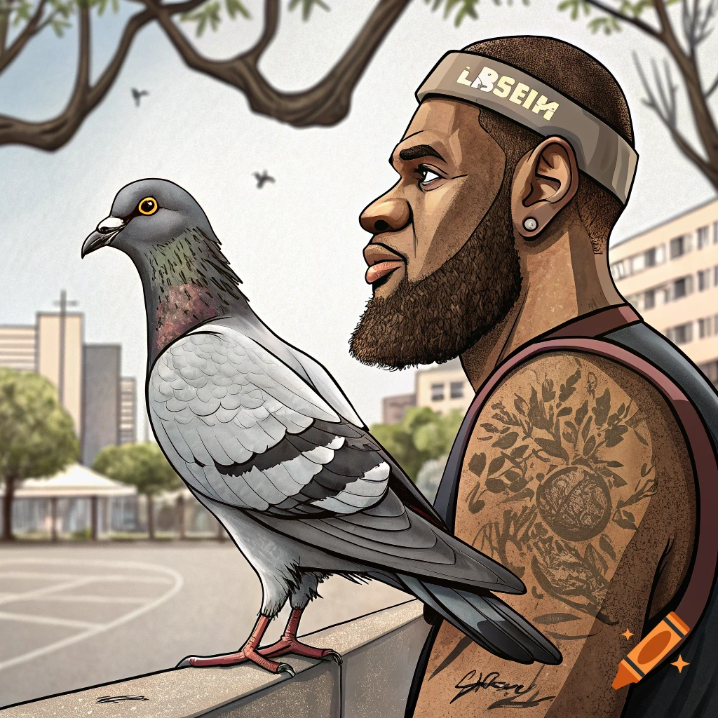 A pigeon with the head of LeBron James sits on a ledge overlooking a ...