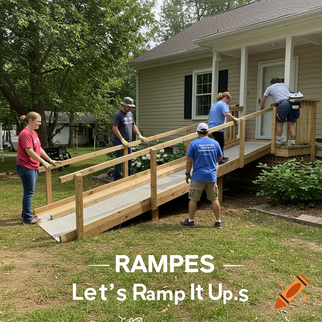Individuals building a wheelchair ramp onto a home with Let's ramp it ...