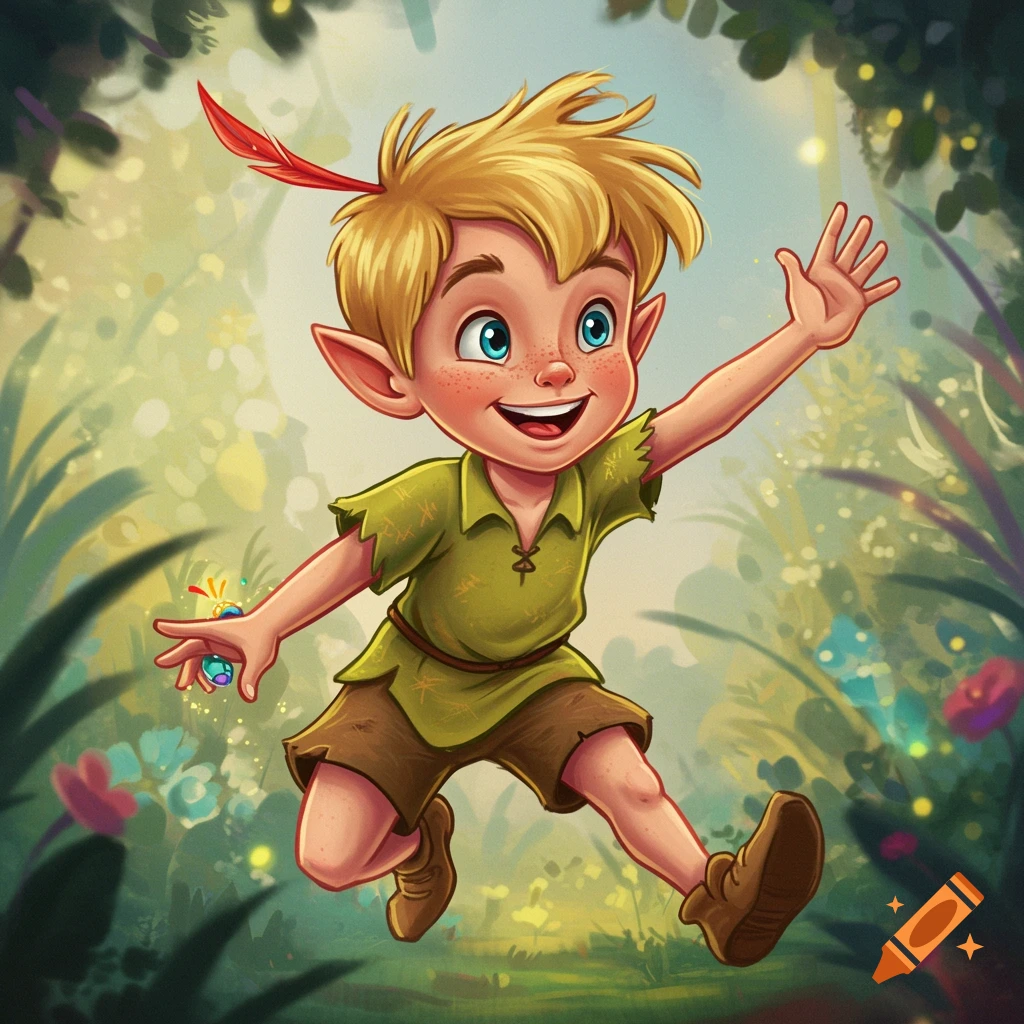 Illustration of a cheerful Lost Boy jumping in a magical forest. on Craiyon