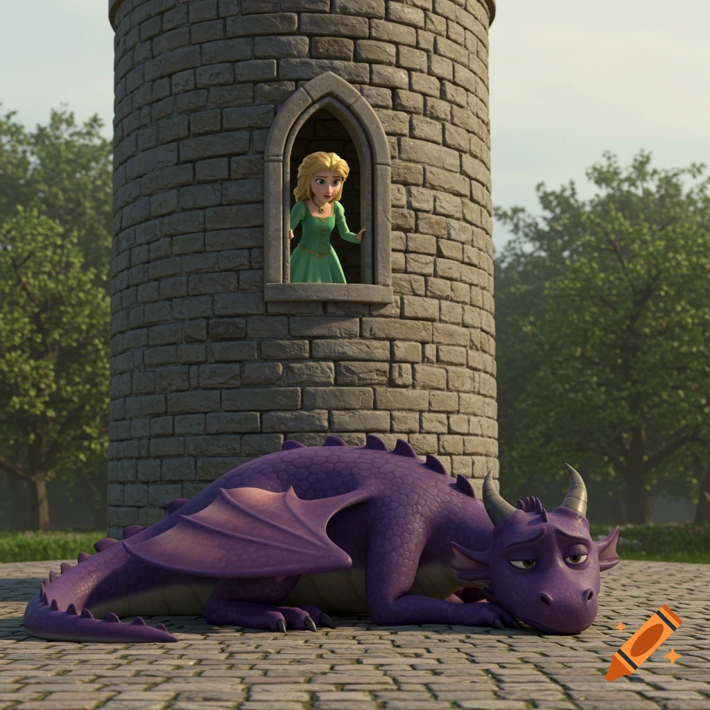 DreamWorks-style 3D render of a stone tower with a princess and a sad ...