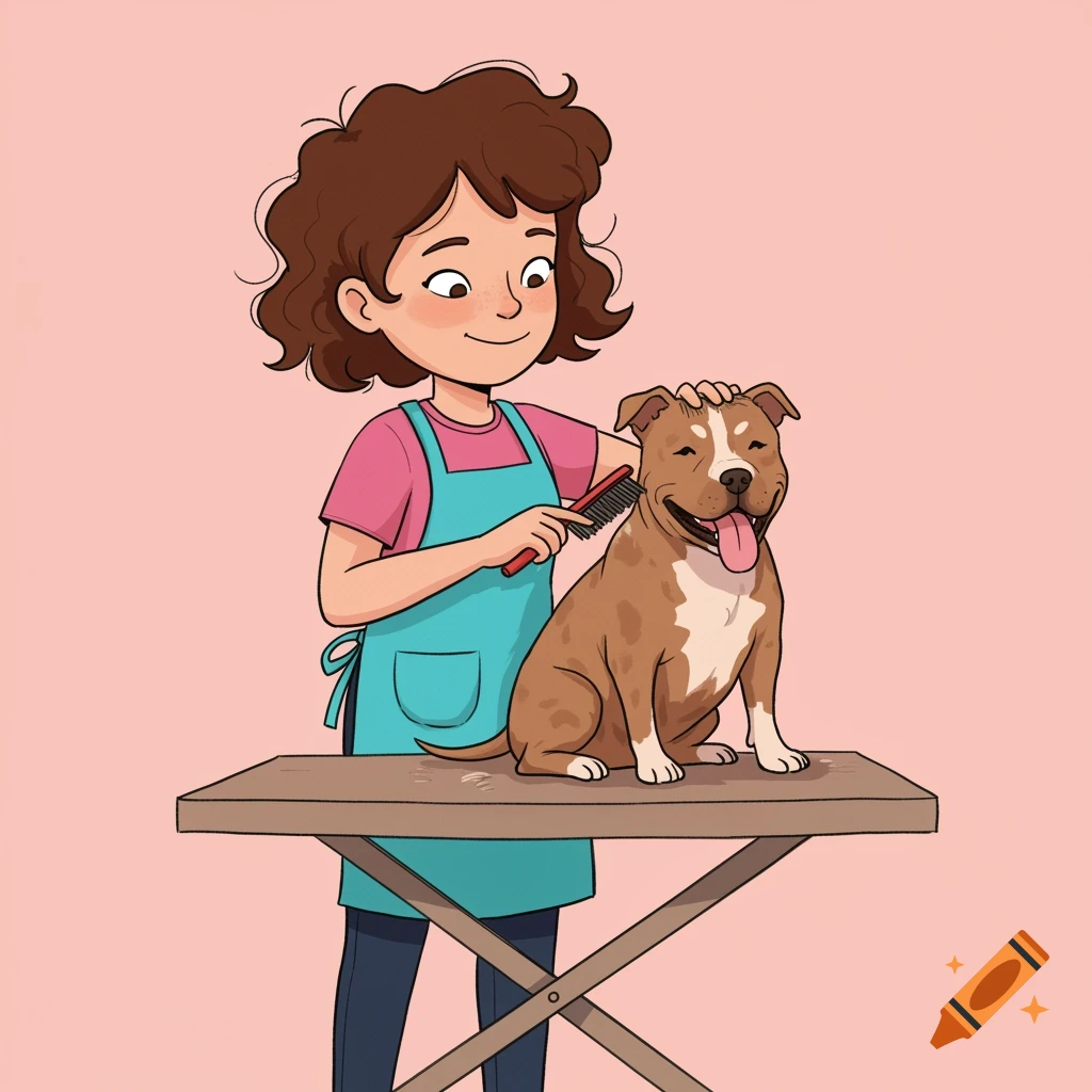 Girl grooming pit bull cartoon on Craiyon