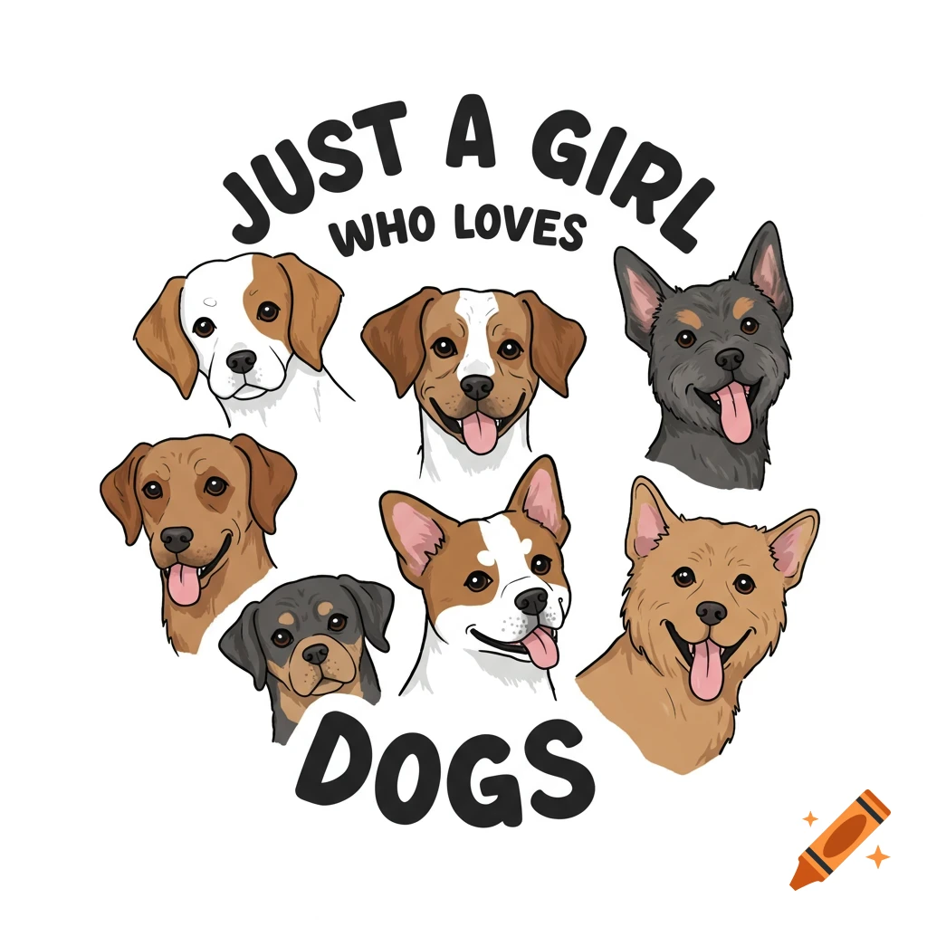 Illustration of six dog breeds with "Just a girl who loves dogs" text ...