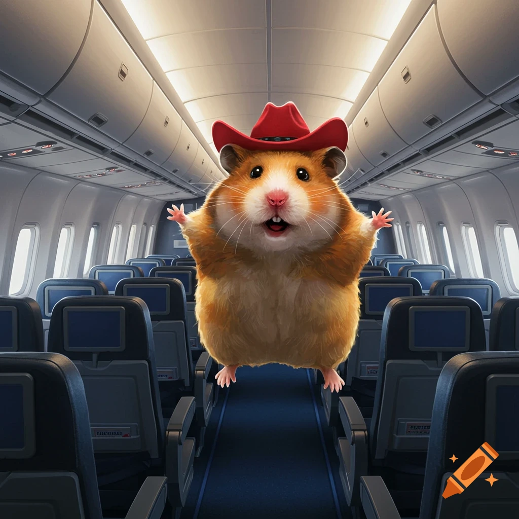 A hamster wearing a red cowboy hat floats in an airplane aisle. on Craiyon