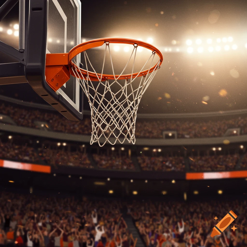 A close-up of a basketball hoop and net in a brightly lit stadium with ...