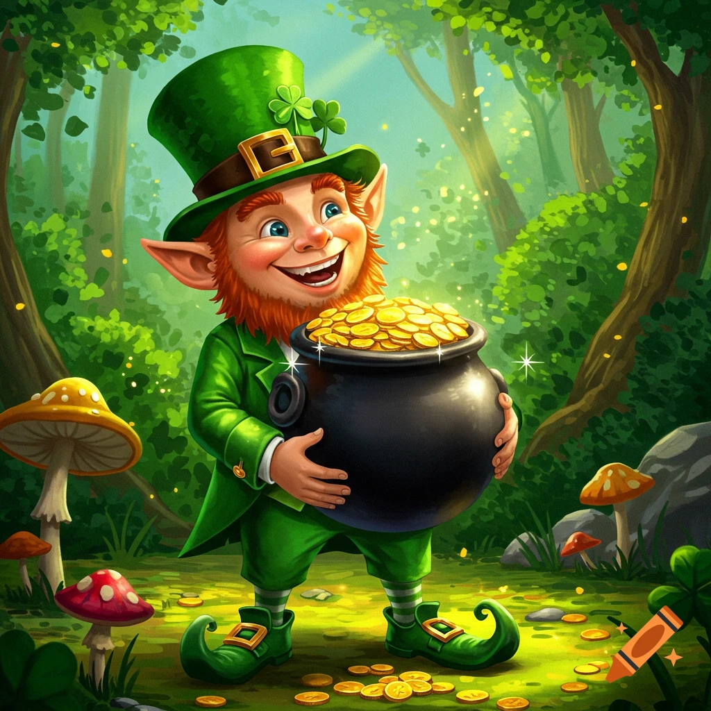 Cute cartoon leprechaun holds a pot of gold spilling coins in a forest ...
