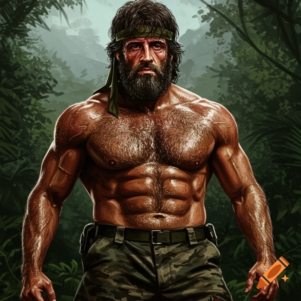 Cinematic portrayal of an old soldier with a beard in a jungle setting ...