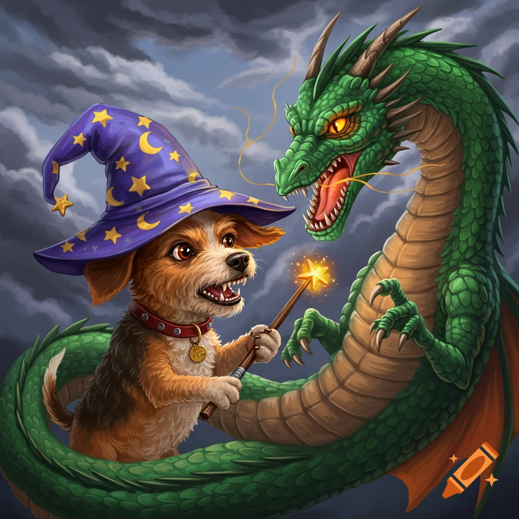 A dog wizard casts a spell on a green dragon in a stormy sky. on Craiyon