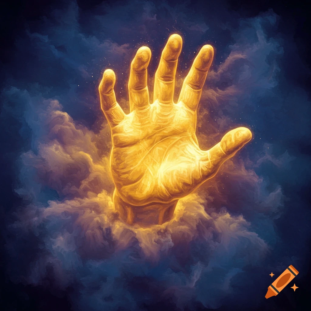 A golden, glowing hand reaches up from swirling surreal clouds against ...