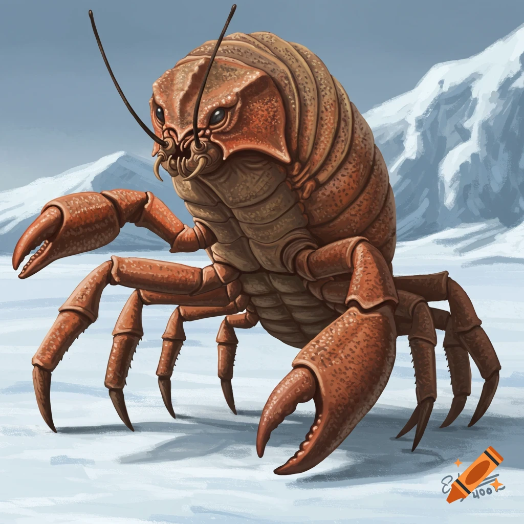 A large, segmented, crab-like creature stands in a snowy tundra. on Craiyon