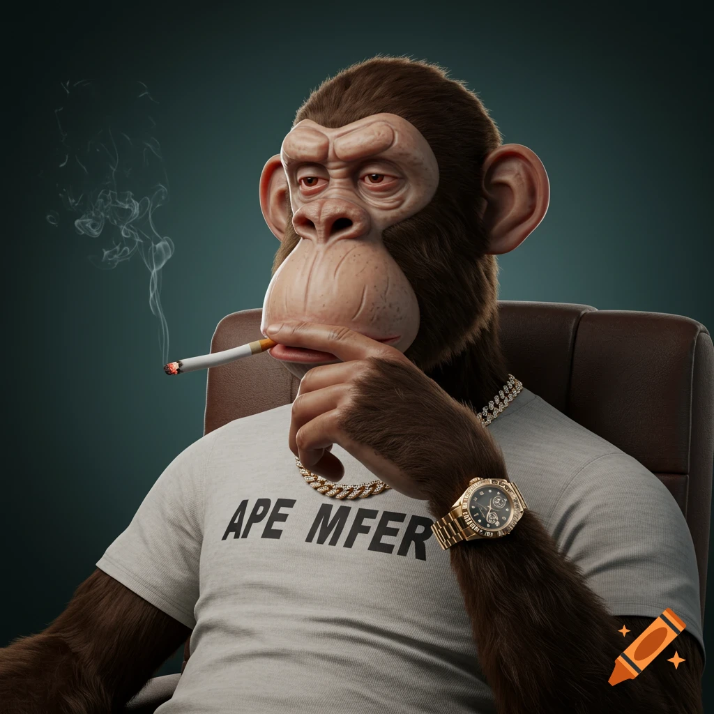 3D ape character smoking with an "ape mfer" shirt, Rolex, and diamond ...