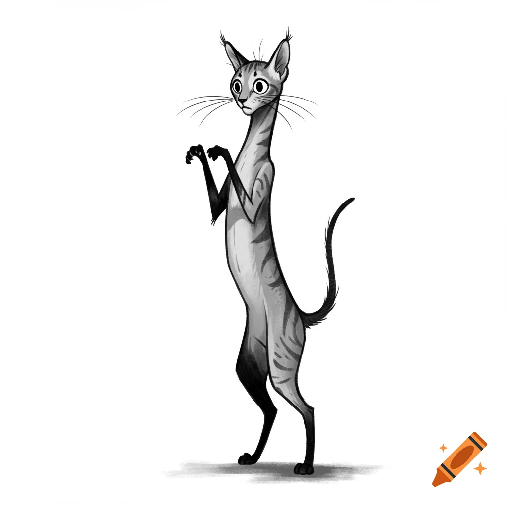 Black and white illustration of a tall, slender cat standing on its ...