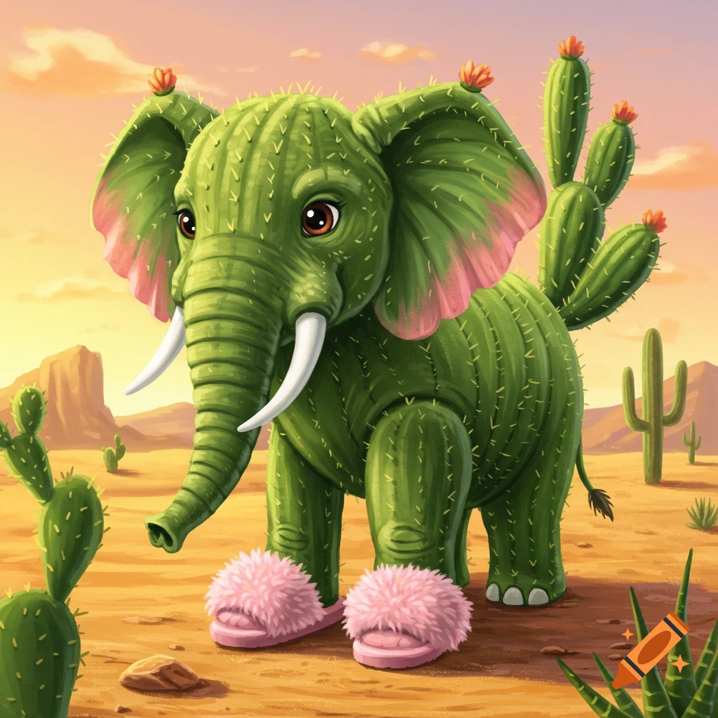 Cartoon cactus elephant wearing sandals in a desert. on Craiyon