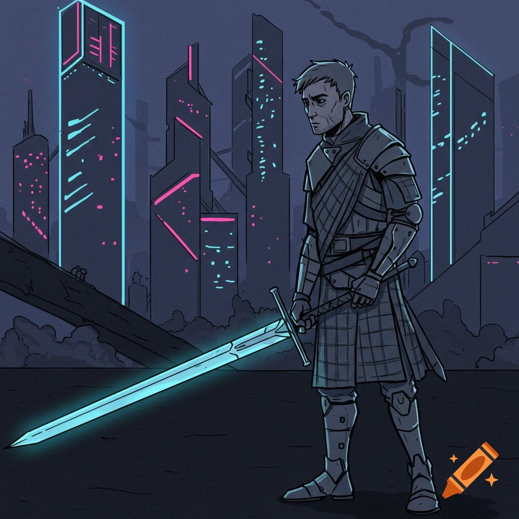 Drawing of an armored warrior with a glowing sword in a futuristic city ...