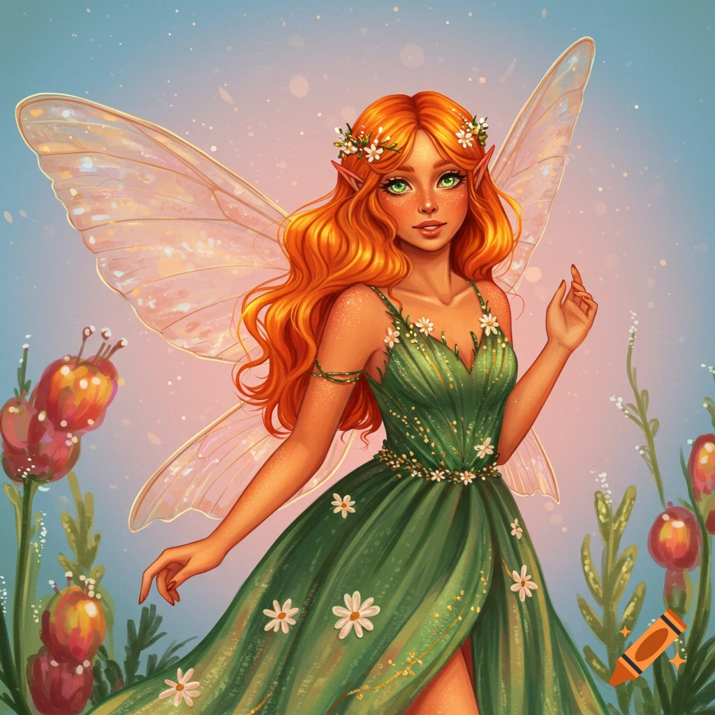 A bronzed skin fairy woman with red hair and a floral crown stands peacefully in a golden ...