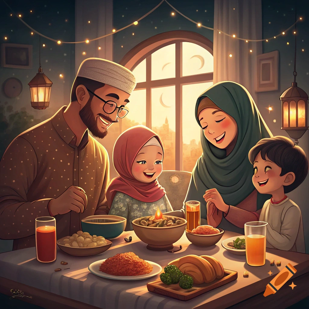Illustration of a Middle Eastern family eating a meal together at a ...