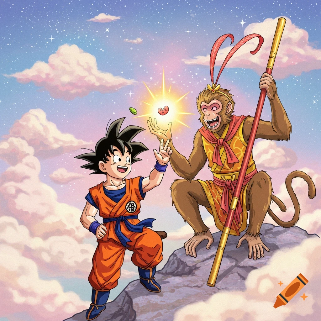 Son Goku and Sun Wukong on a mountain peak, holding a glowing heart. on ...