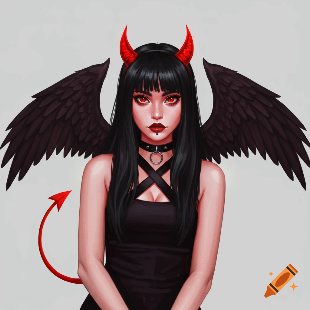 Girl with black hair, devil horns, red outline, realistic style on Craiyon