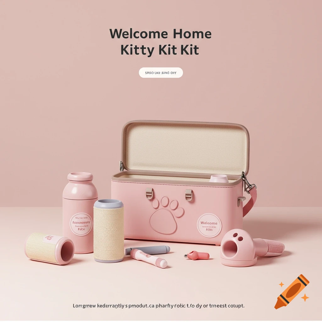 Welcome Home Kitty Kit Kit case and pink pet grooming products on a ...