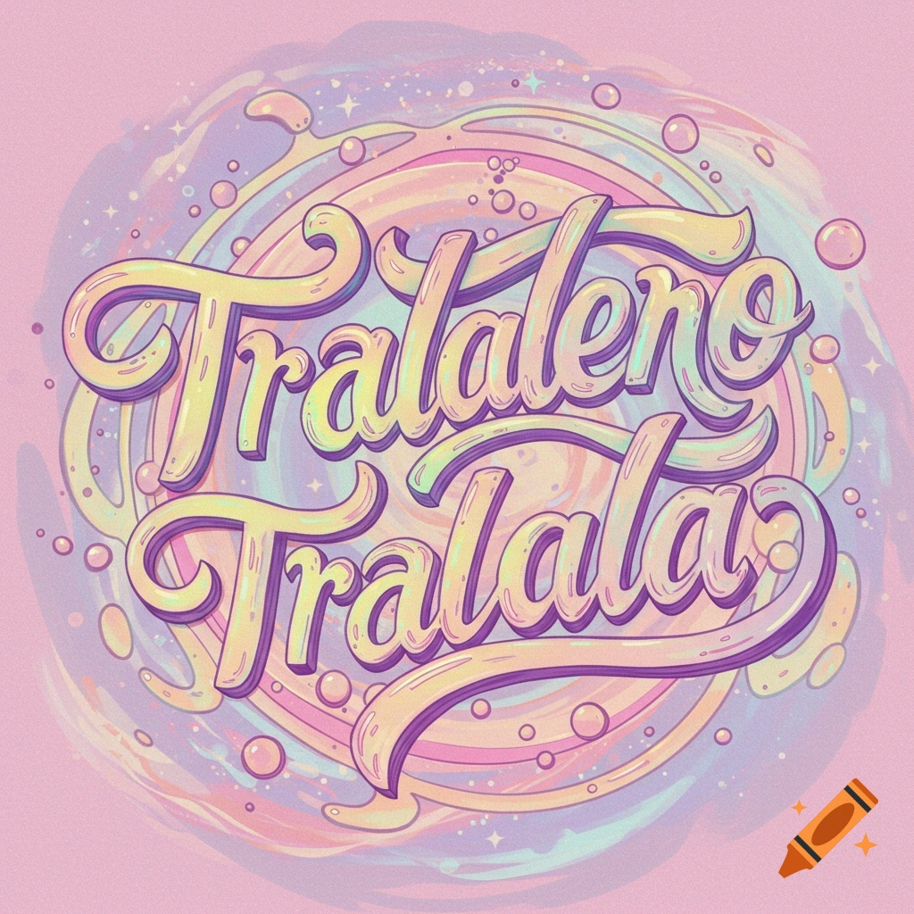 Stylized text "Tralalero Tralala" in purple and yellow with a colorful, bubbly background. on ...