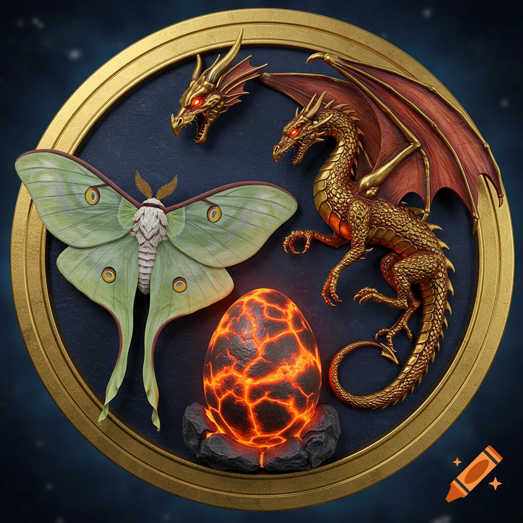 A medal featuring a green luna moth, a golden dragon, and a glowing ...
