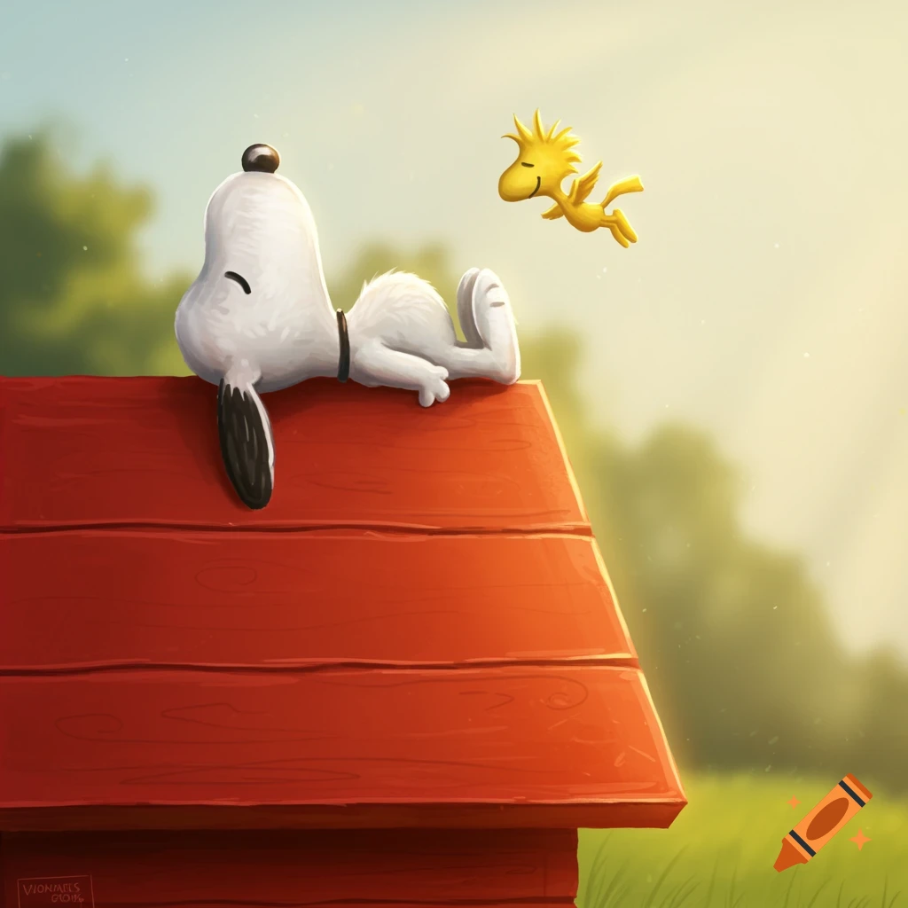 Snoopy laying on his doghouse with Woodstock flying above. on Craiyon