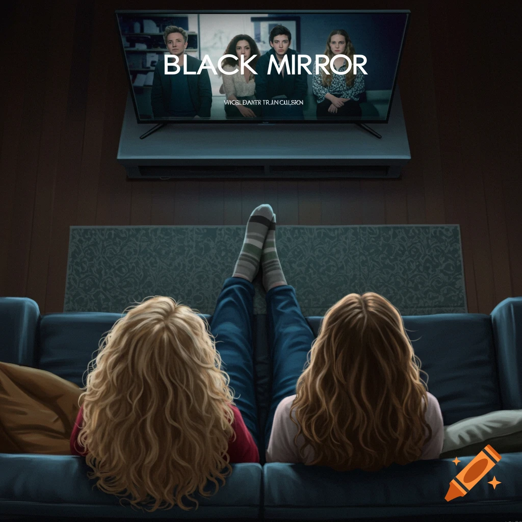 Two women watching Black Mirror on TV on Craiyon